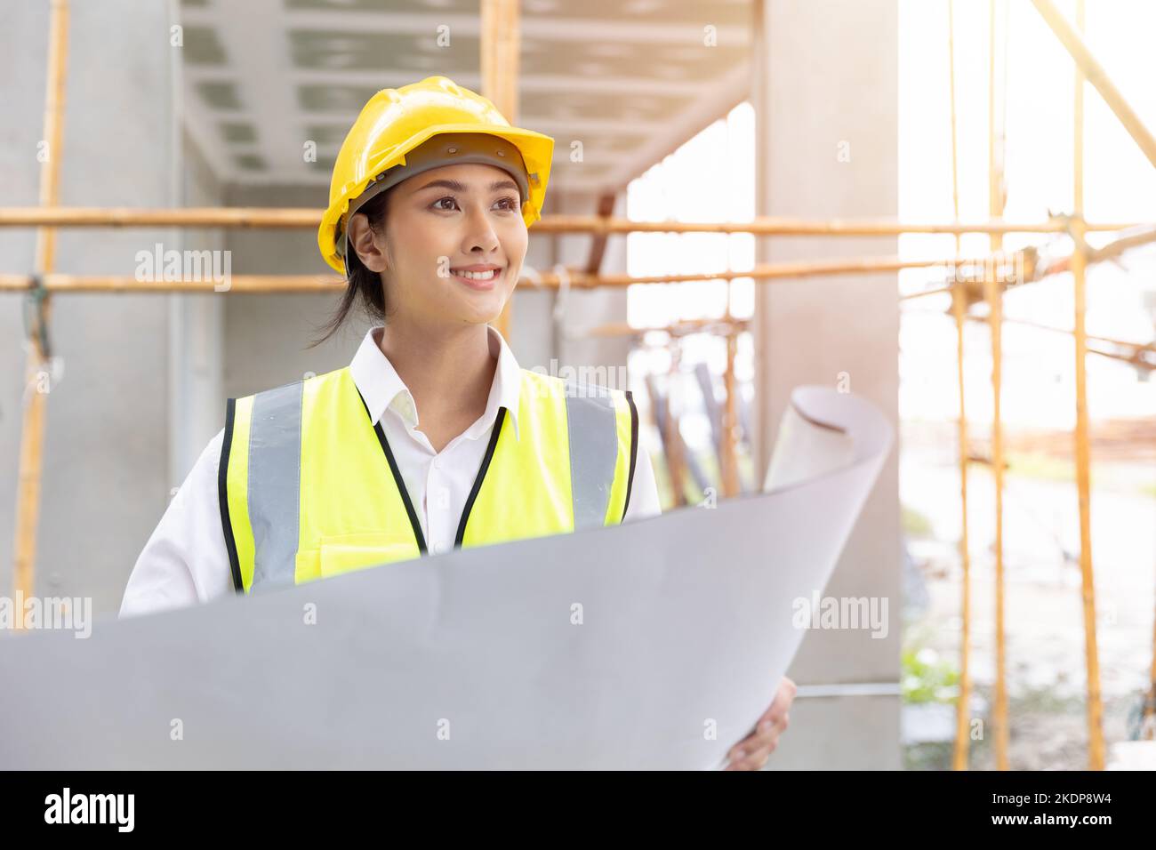 working women architect happy smile with floor plan project builder ...