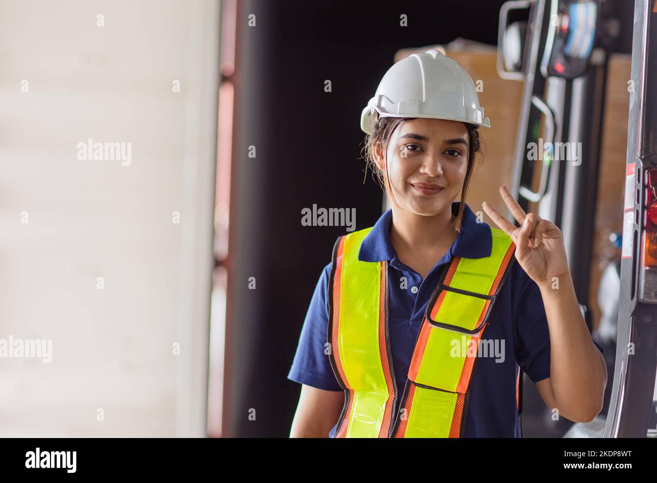 happy woman engineer worker Asian Latin Indian. lady staff in safety ...
