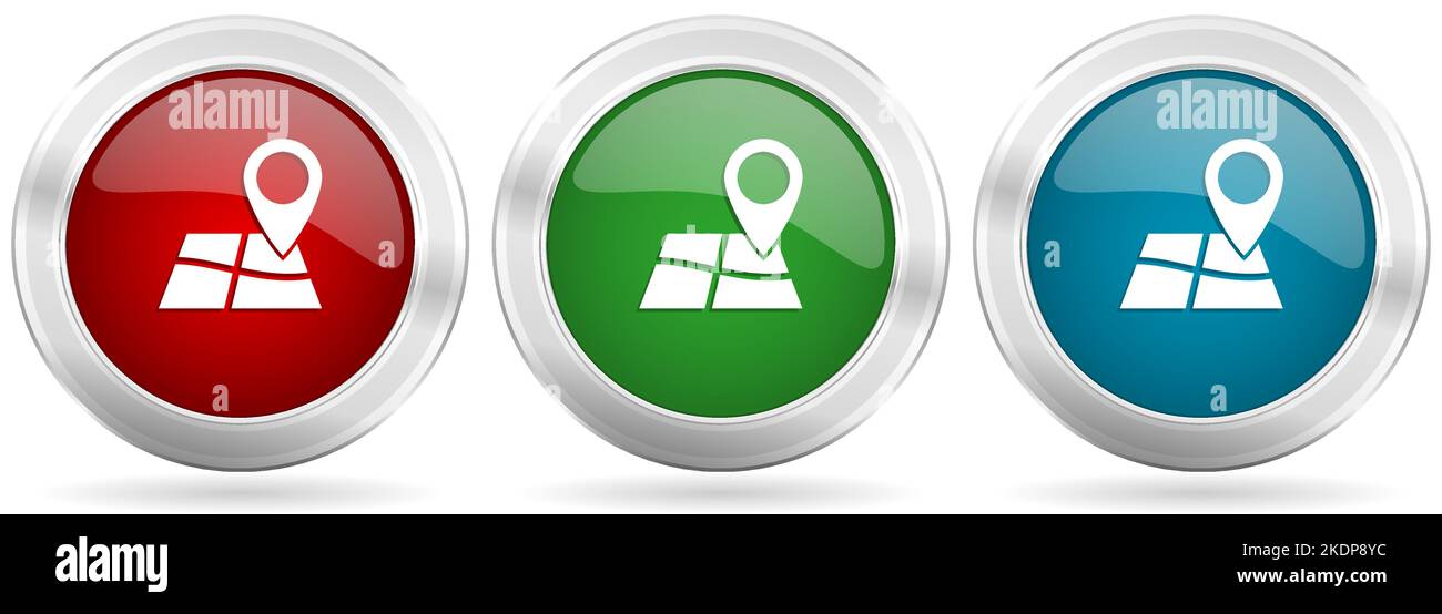 Gps, map, travel vector icon set. Red, blue and green silver metallic ...