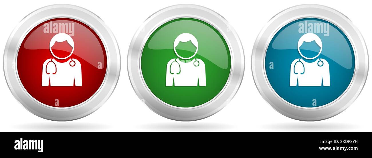 Doctor vector icon set. Red, blue and green silver metallic web buttons ...