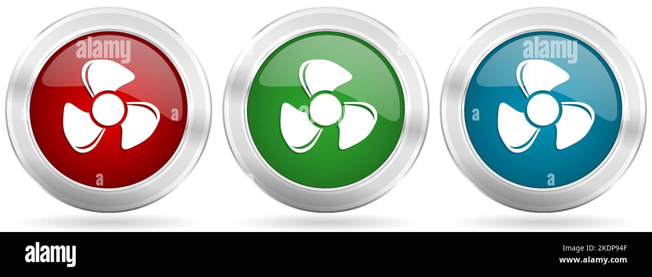 Fan vector icon set. Red, blue and green silver metallic web buttons ...