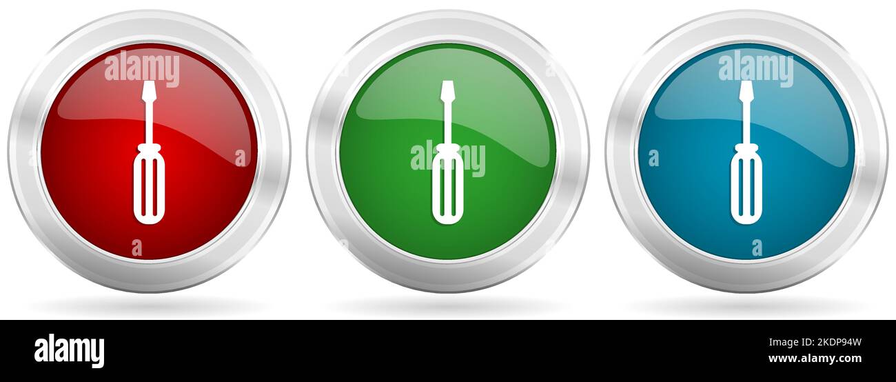 Tool vector icon set. Red, blue and green silver metallic web buttons ...