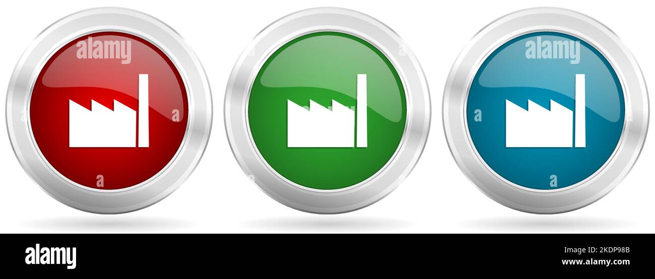 Factory vector icon set. Red, blue and green silver metallic web ...