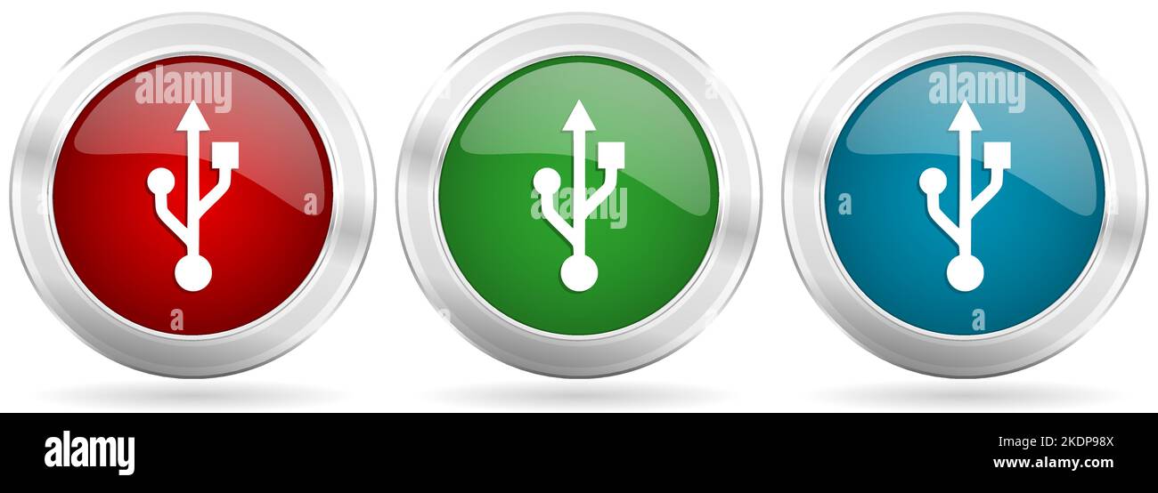 Usb vector icon set. Red, blue and green silver metallic web buttons ...