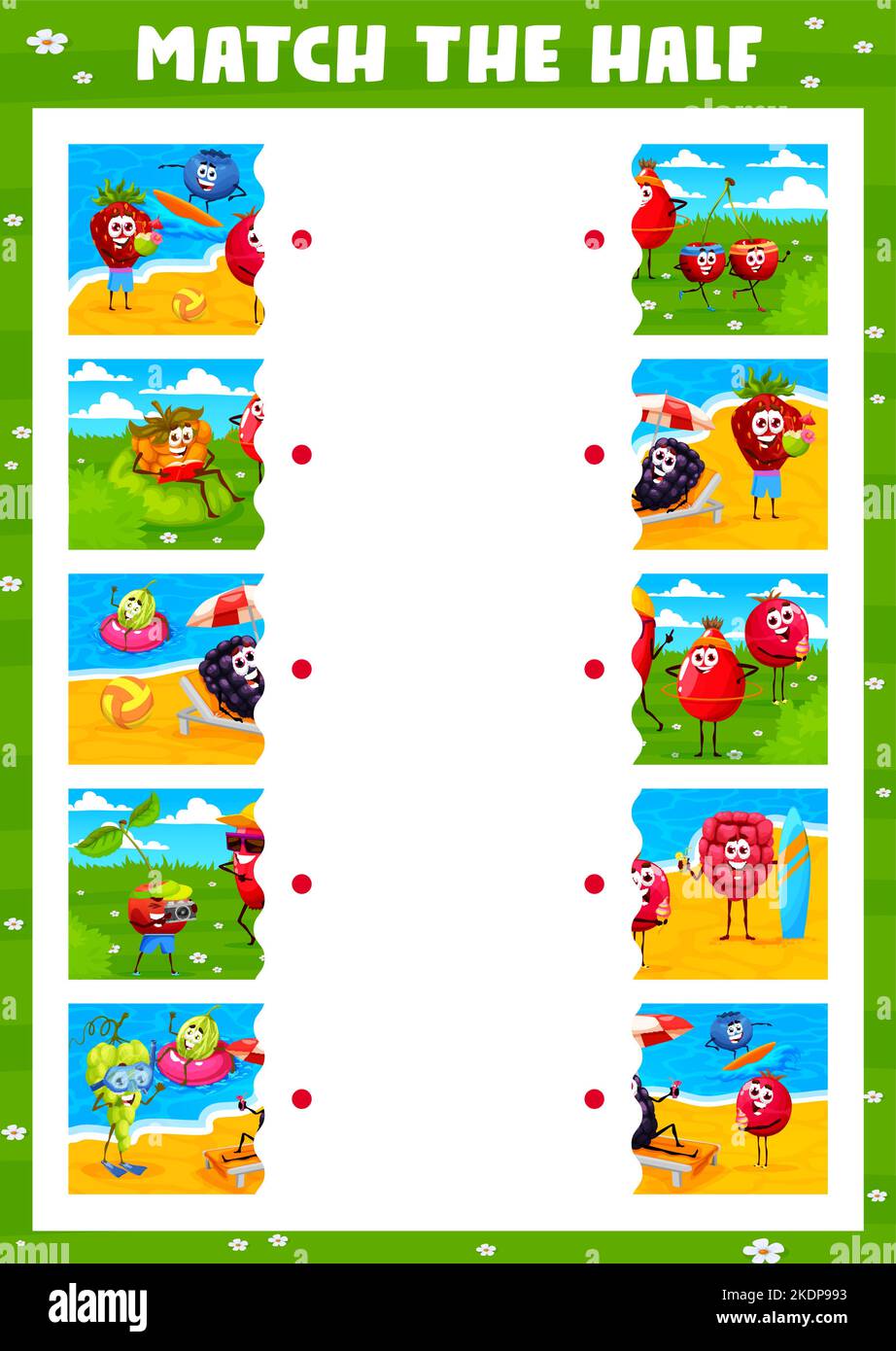 Match the half game. Cartoon berry characters on summer vacation. Child ...