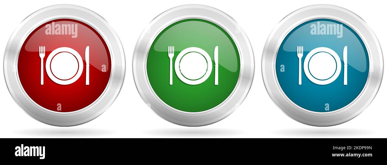 Restaurant vector icon set. Red, blue and green silver metallic web ...