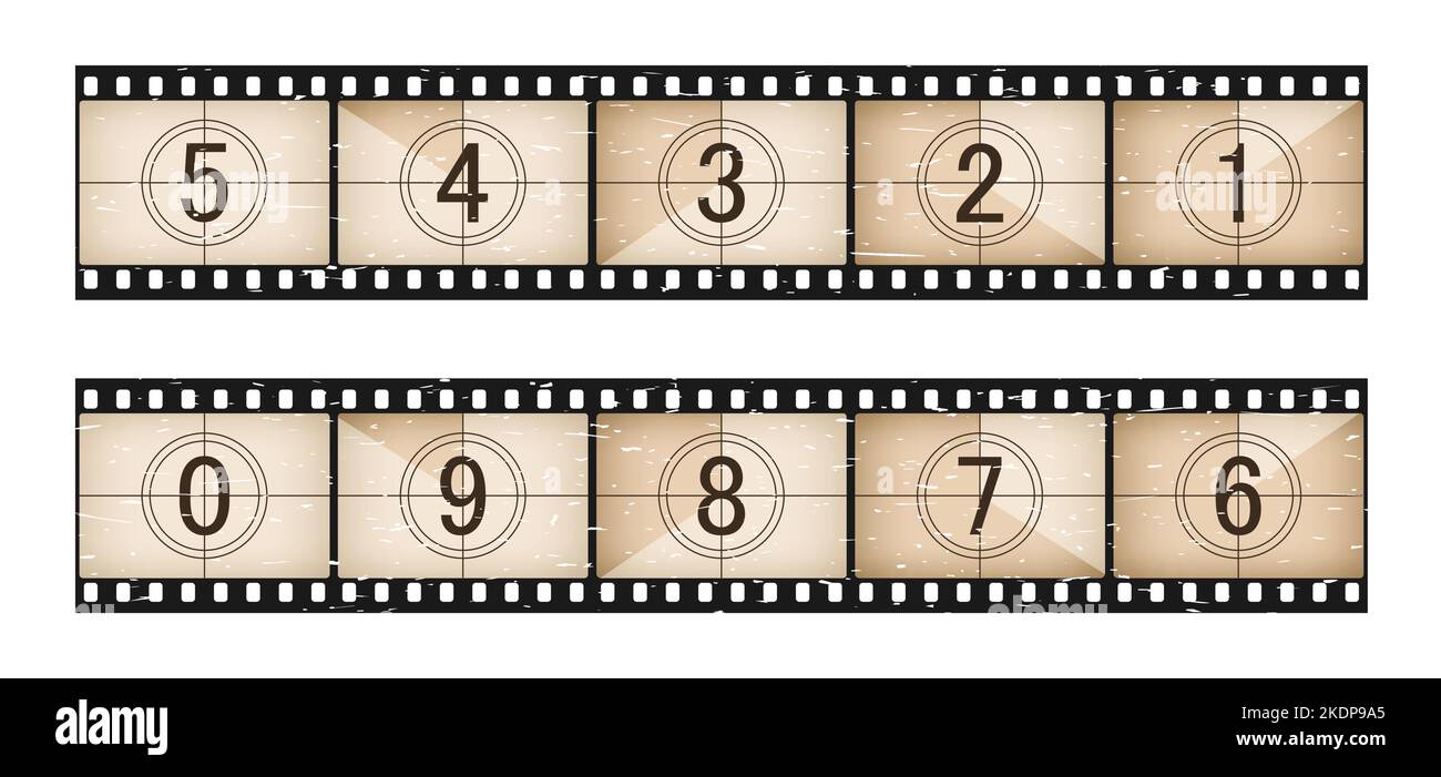 Movie time countdown grunge film strip. Retro cinematography countdown ...