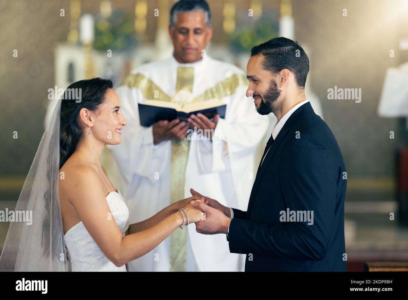 Couple getting married, wedding vows and love commitment at the alter ...