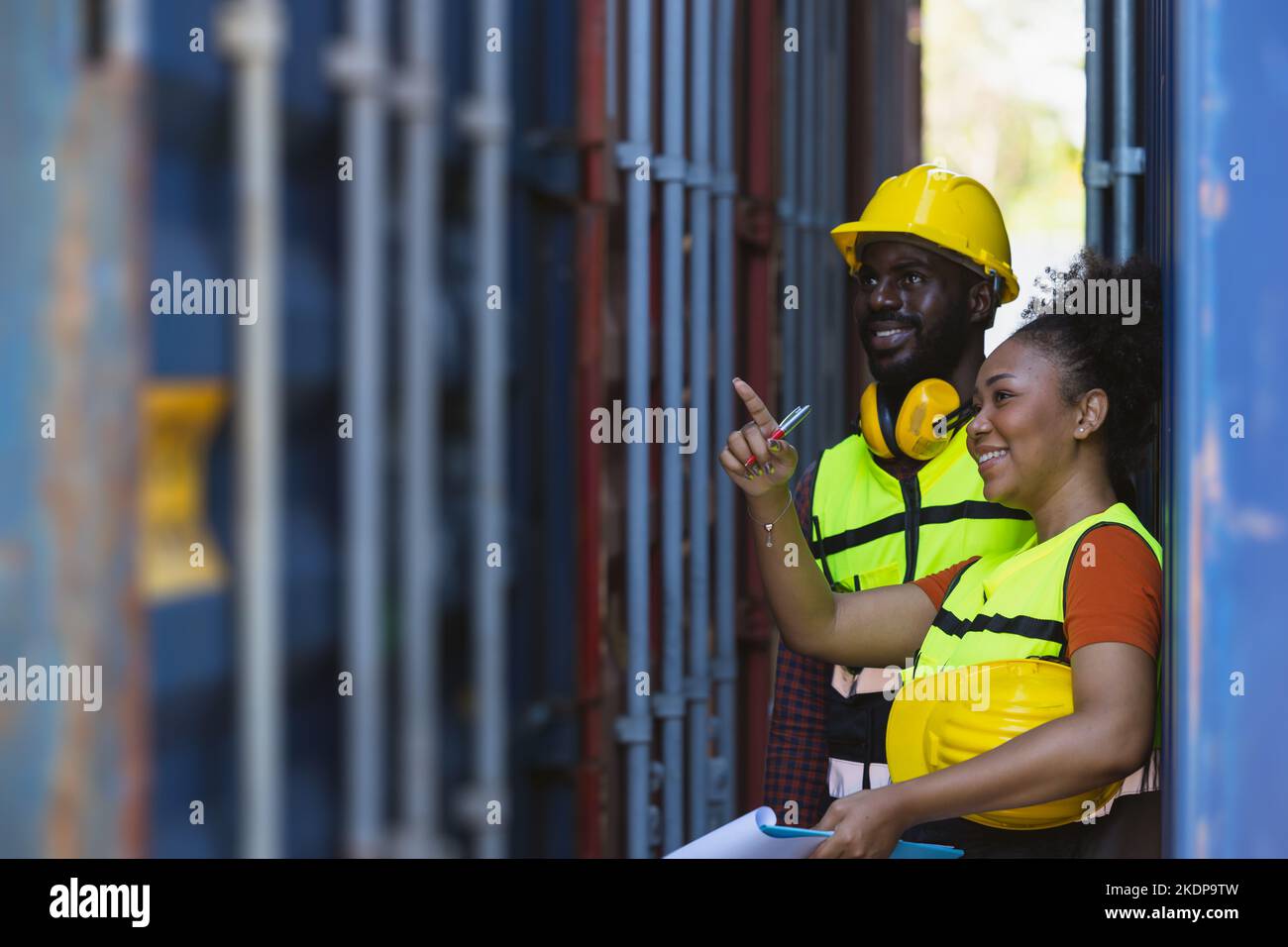 African American couple customs team staff worker working together with ...