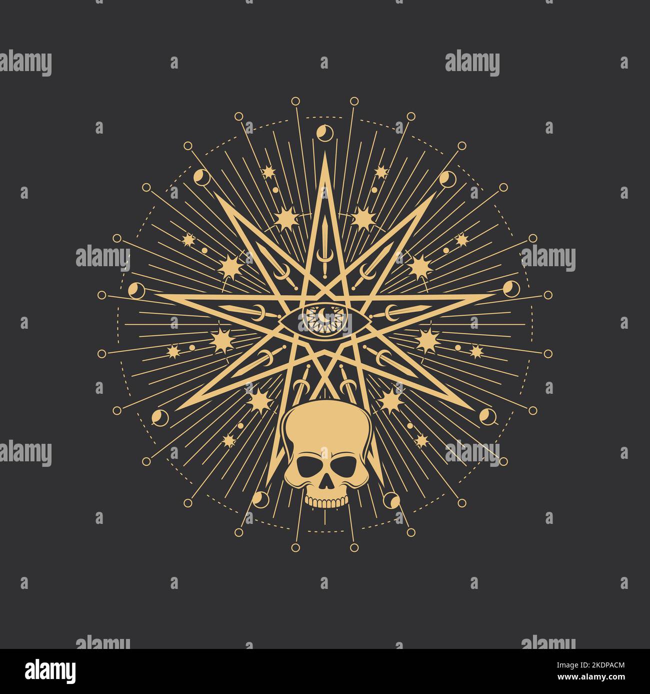 Pentagram, magic esoteric circle, occult star and skull, vector eye ...