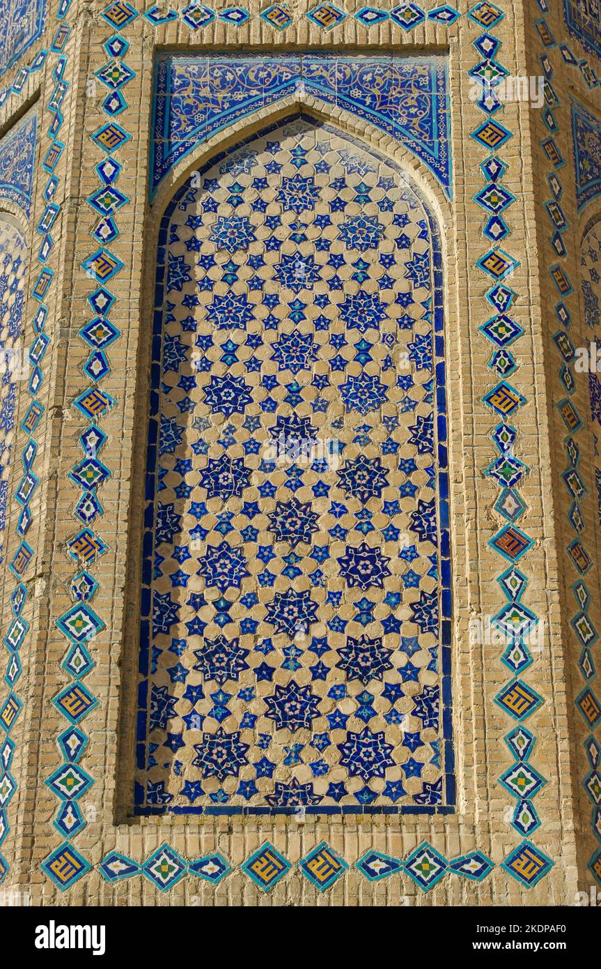 Floral and geometric blue tile panel on exterior of ancient Bibi Khanum ...