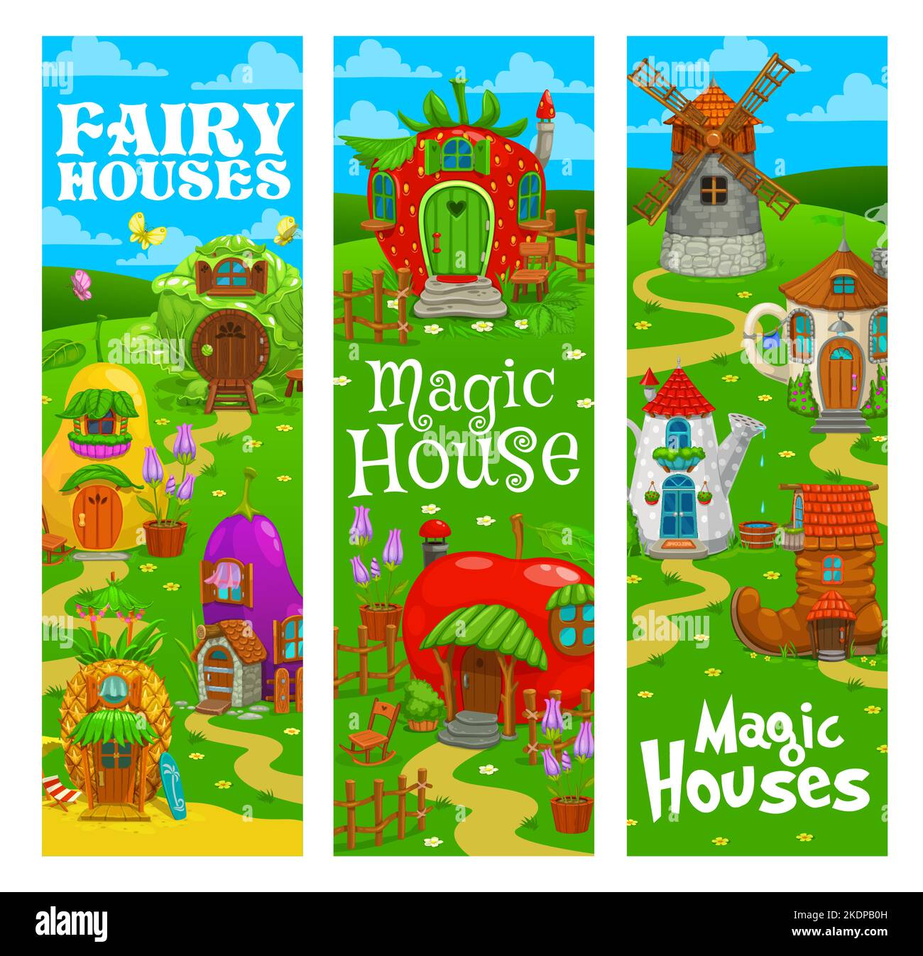 Fairytale magic houses and dwellings. Cartoon vector banners with fairy ...