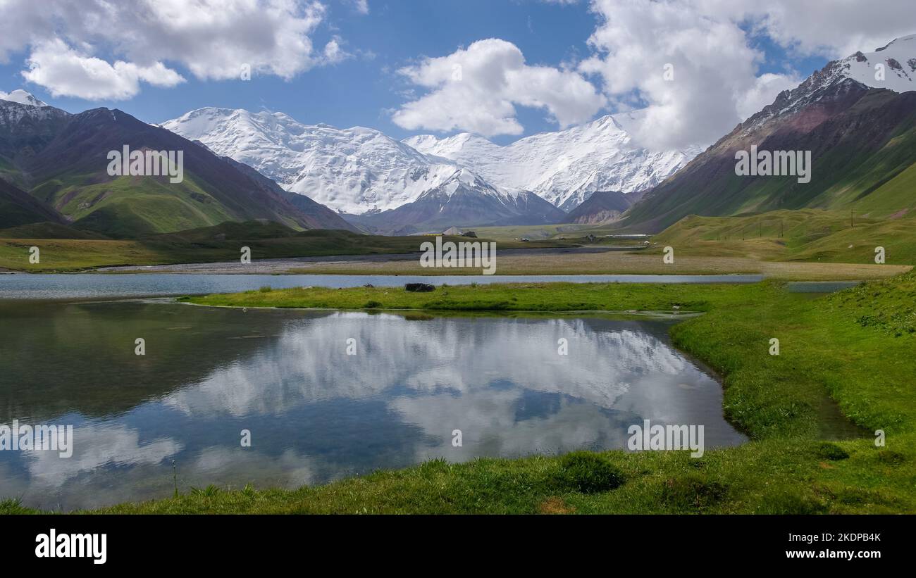 View of Achik Tash basecamp of Lenin Peak aka Ibn Sina peak with ...