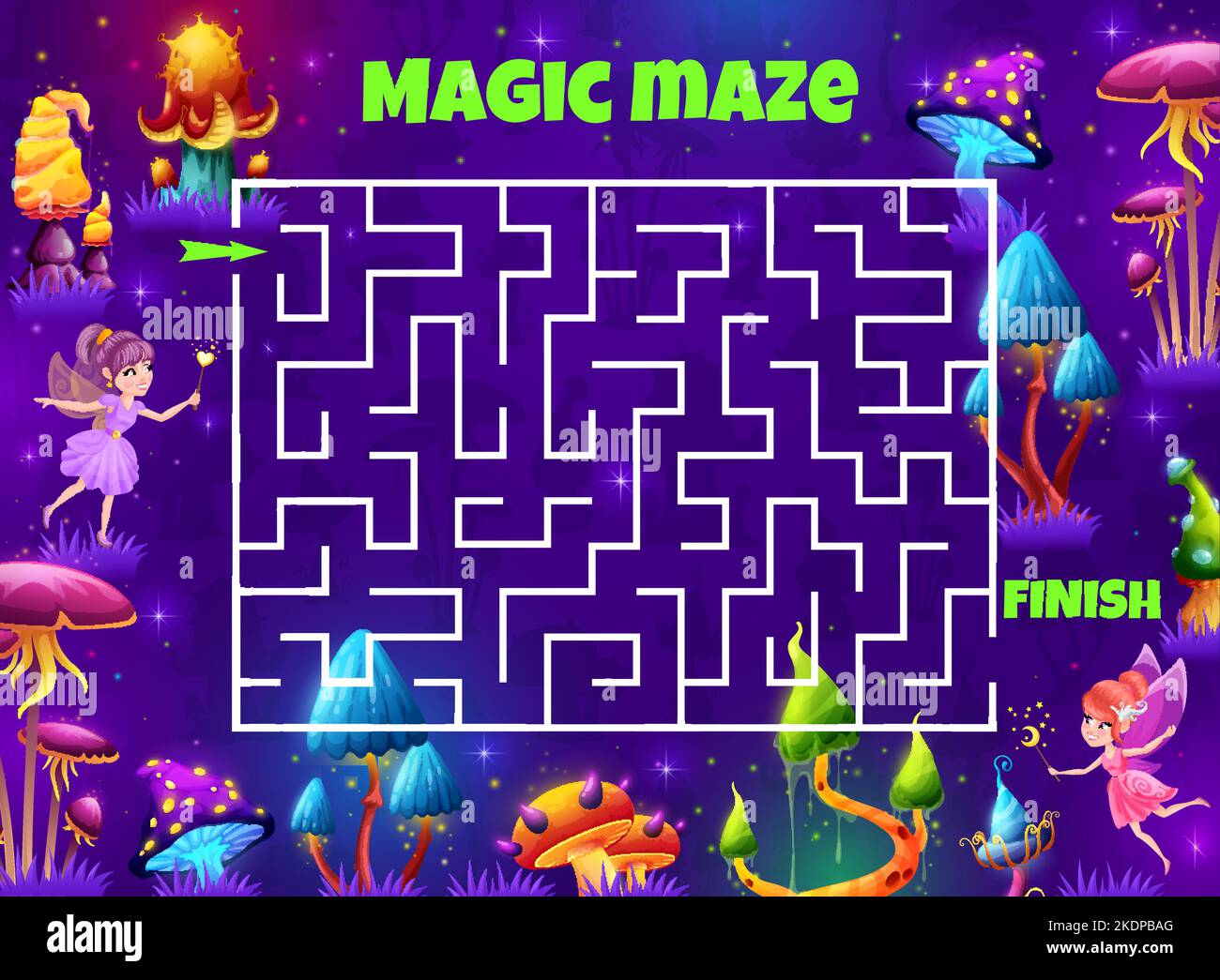 Labyrinth maze game. Magic mushrooms in fairy forest. Preschool kids ...