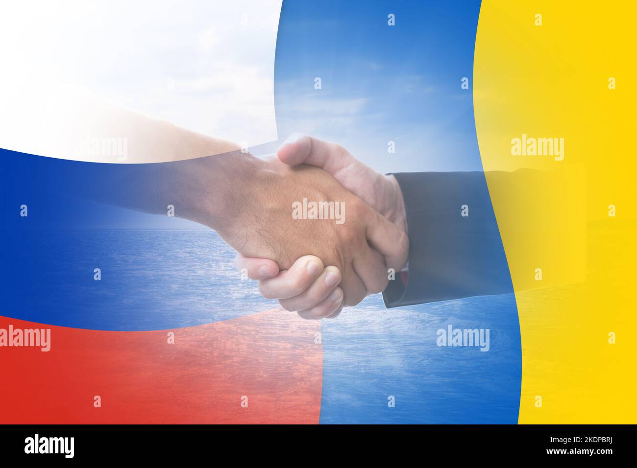 Russia Ukraine flag overlay with hand shake for friendship allied end ...