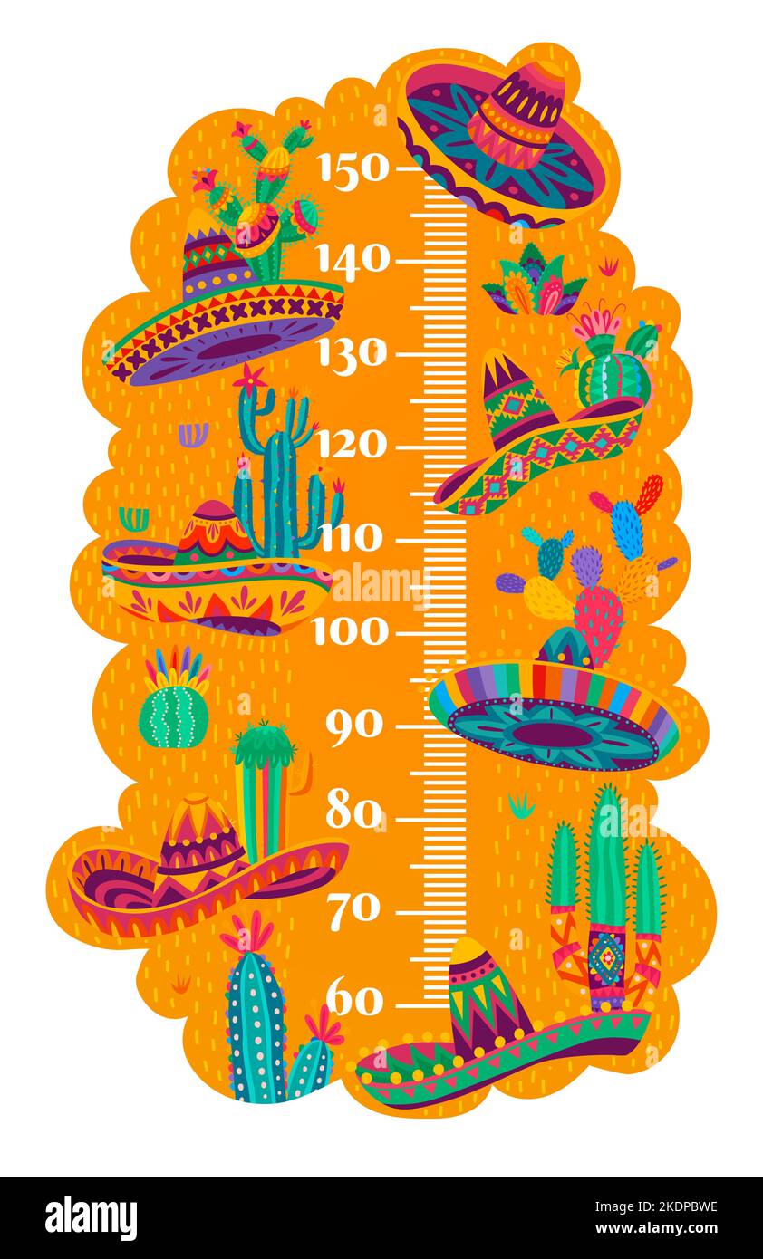 Kids height chart with mexican sombrero and cactuses. Kindergarten ...