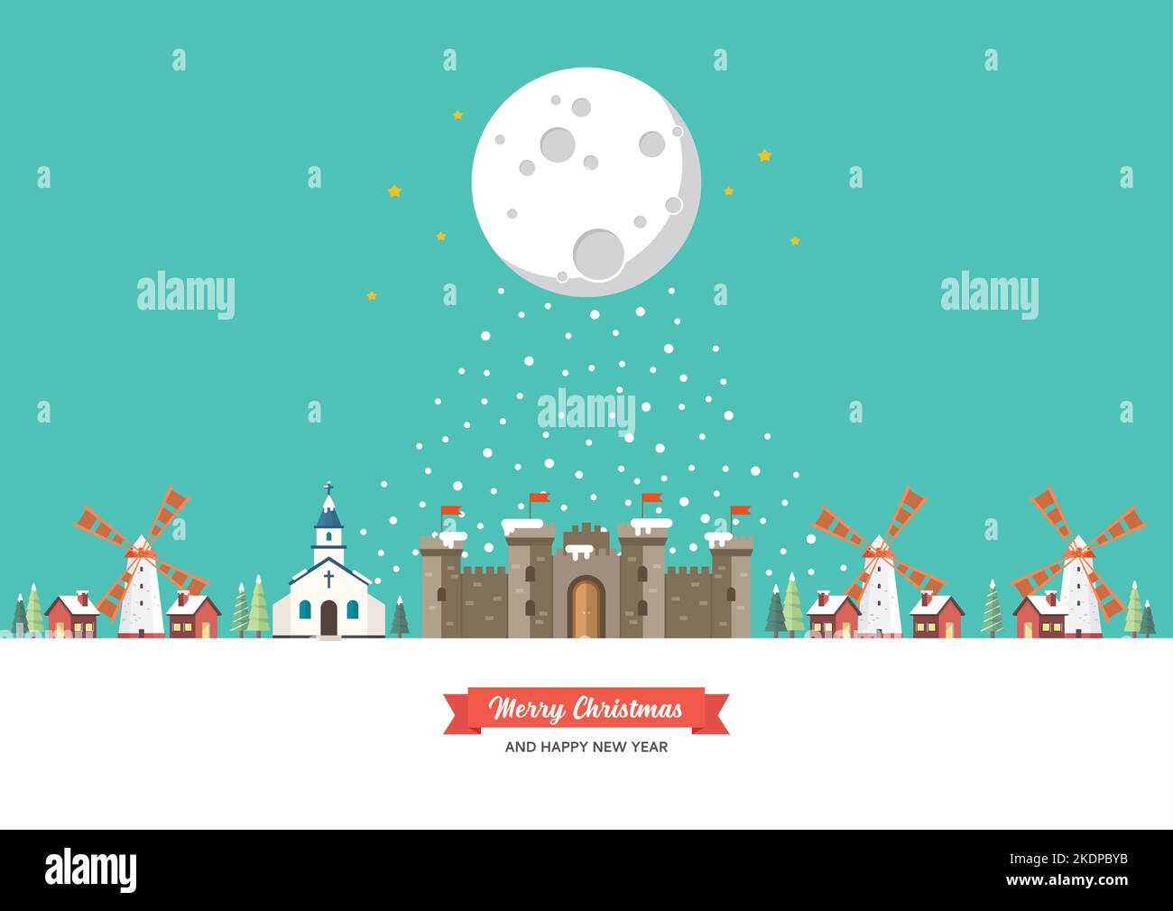 Church Castle Windmill Tiny town in winter season. Merry Christmas and ...