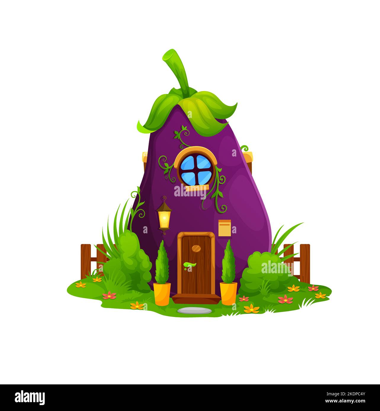 Cartoon fairytale eggplant home or dwelling. Isolated vector fairy tale ...
