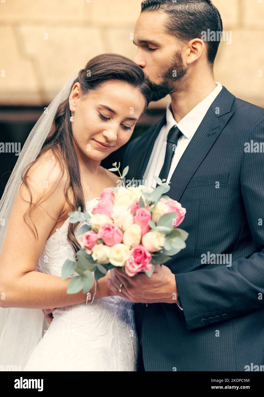 Love, happy and flowers with couple on wedding for affection, kiss and ...