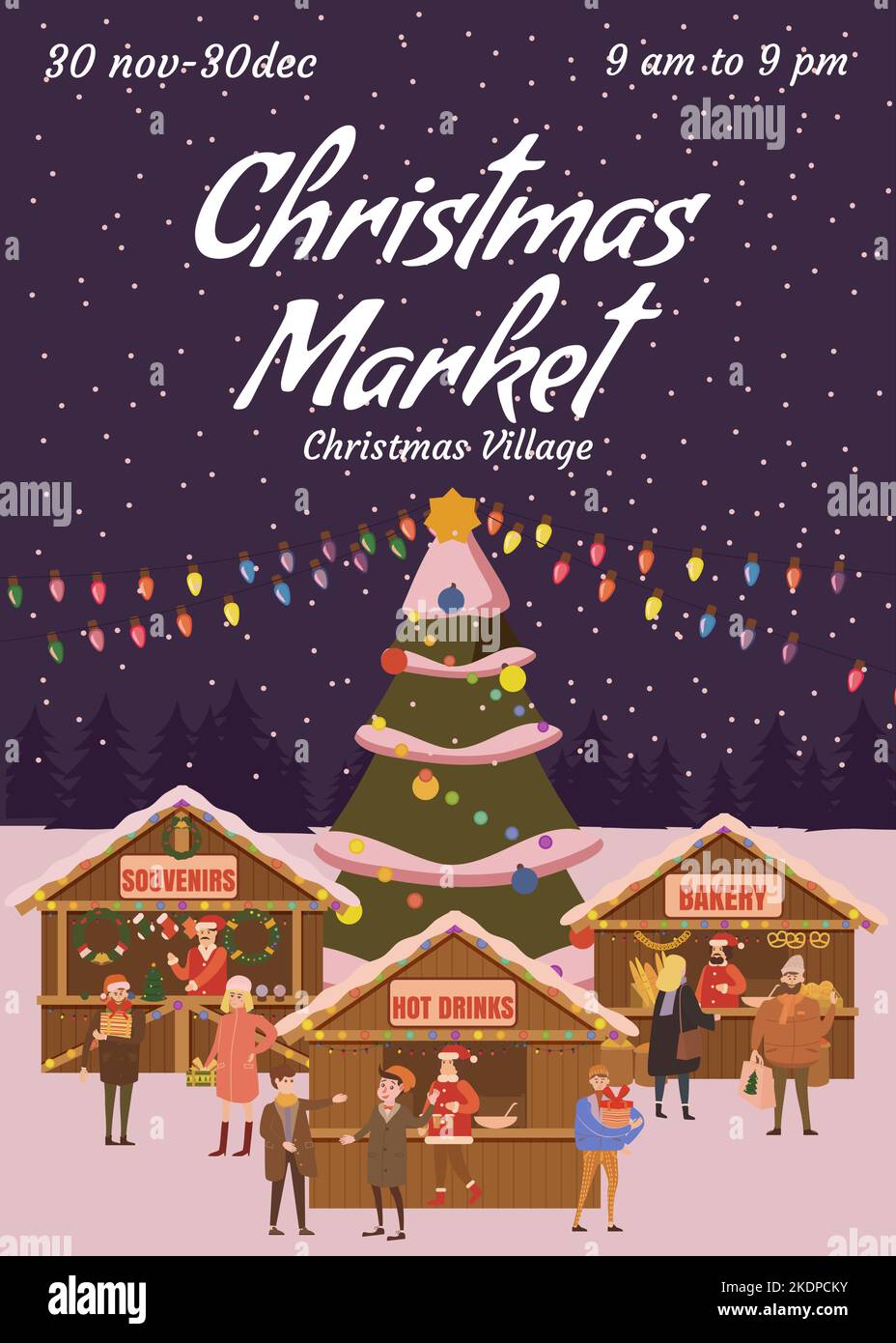 Christmas market poster. Xmas fair card with decorated Christmas tree ...