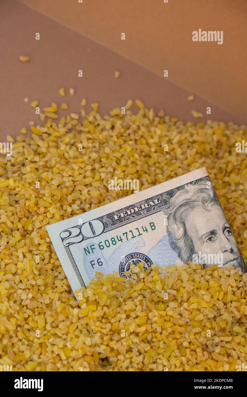 US Dollar bill paper money currency banknote in buckwheat porridge. The ...