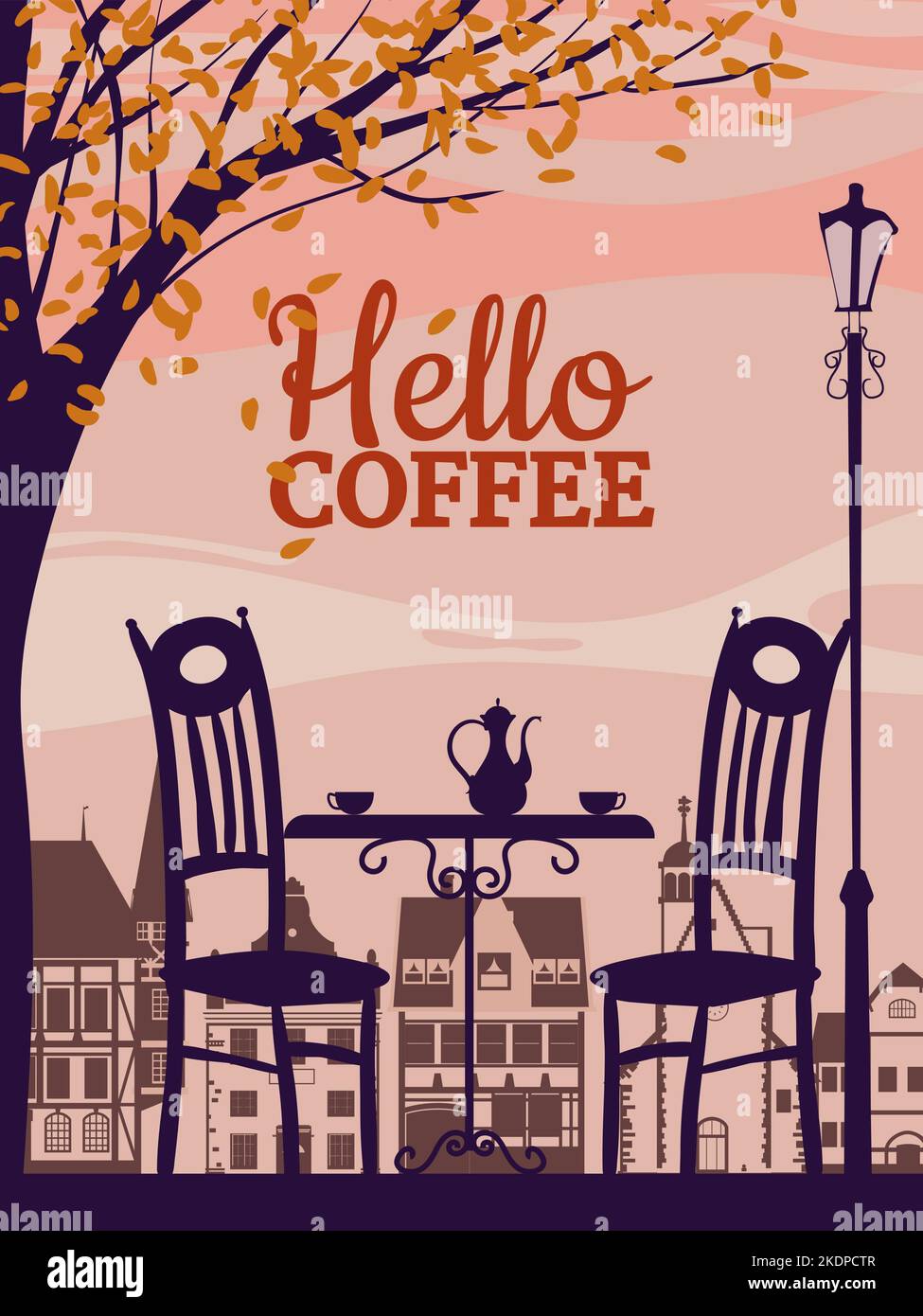 Autumn street cafe, fall mood. Hello Coffee cup, chair, table, kettle ...