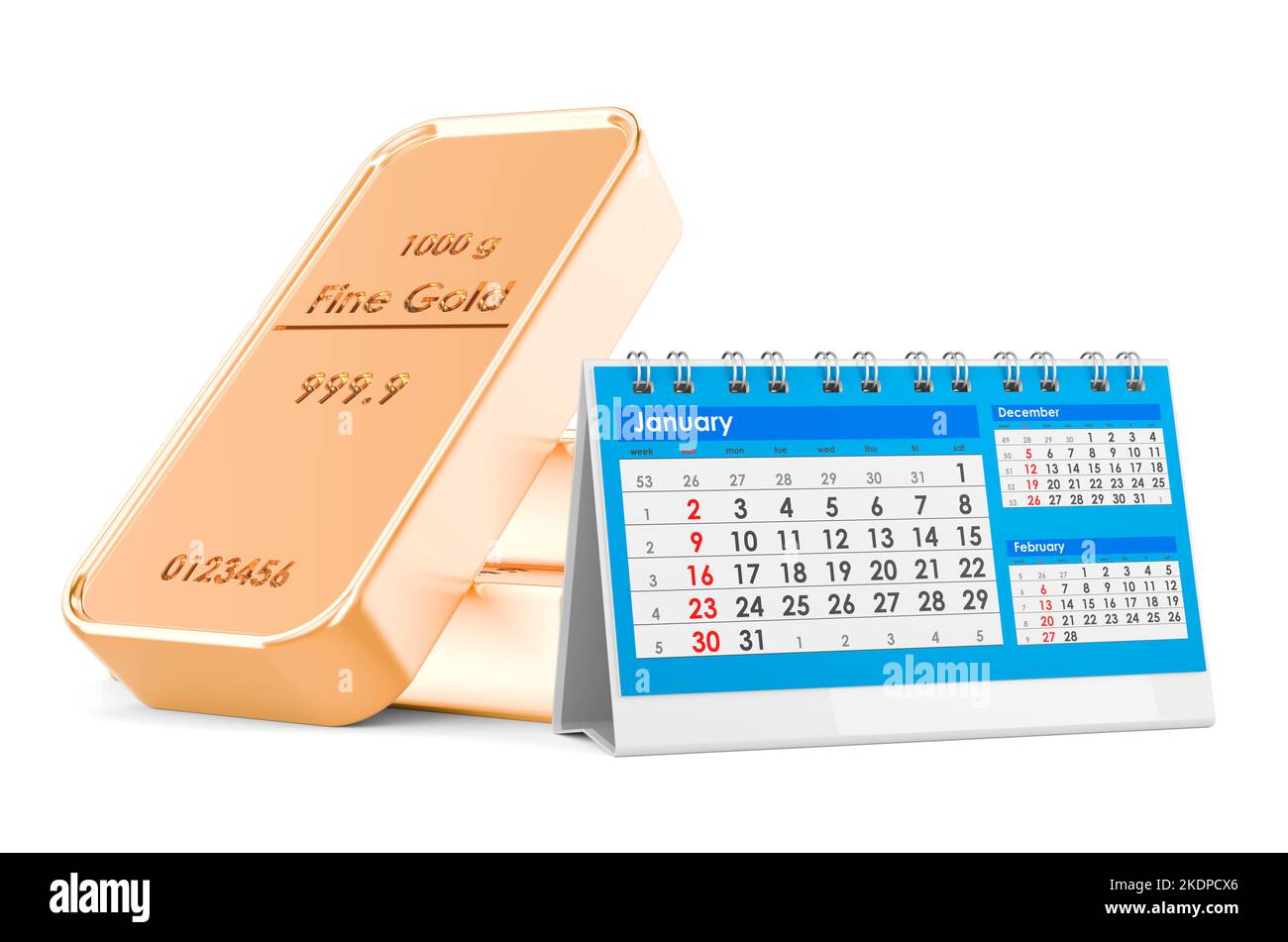 Gold bars with desk calendar, 3D rendering isolated on white background ...