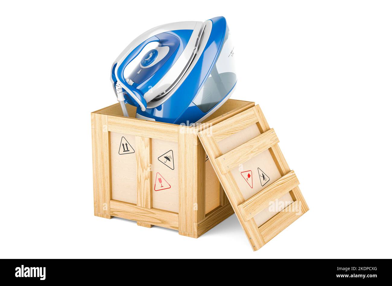 Steam generator iron inside wooden box, delivery concept. 3D rendering ...