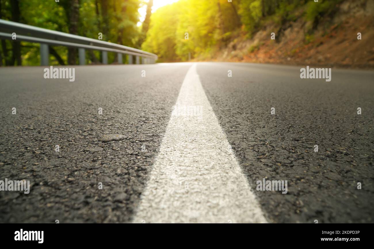 Asphalt road and white line into the forest. Low angle view. Shallow ...