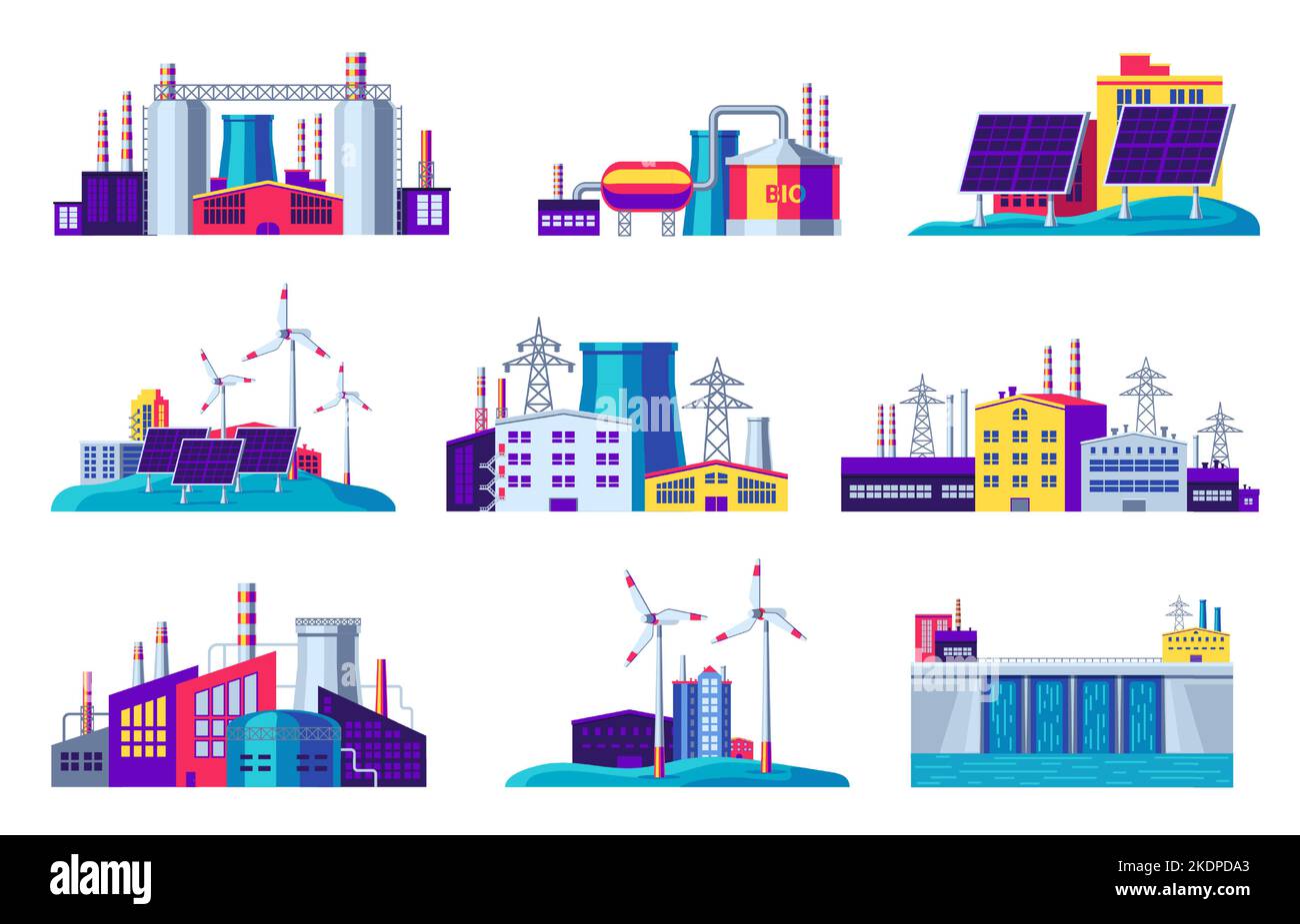 Green power plants. Factory buildings of electricity energy generation ...