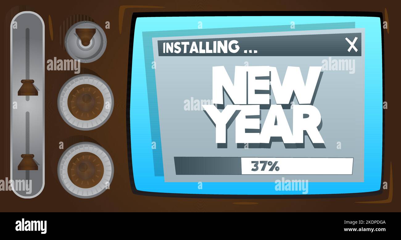 Cartoon Computer With the word New Year. Message of a screen displaying ...