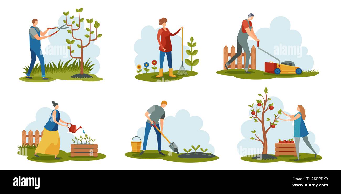 People gardening. Cartoon characters working with farmer tools ...