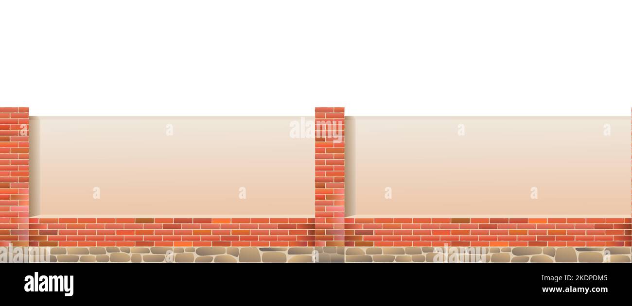 Ordinary fence. Plastered fence with brick pillars. Horizontal seamless ...