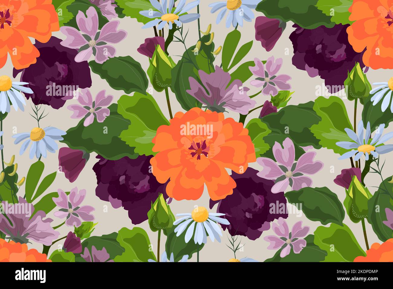 Vector floral seamless pattern. Meadow, garden flowers and herbs on an ...