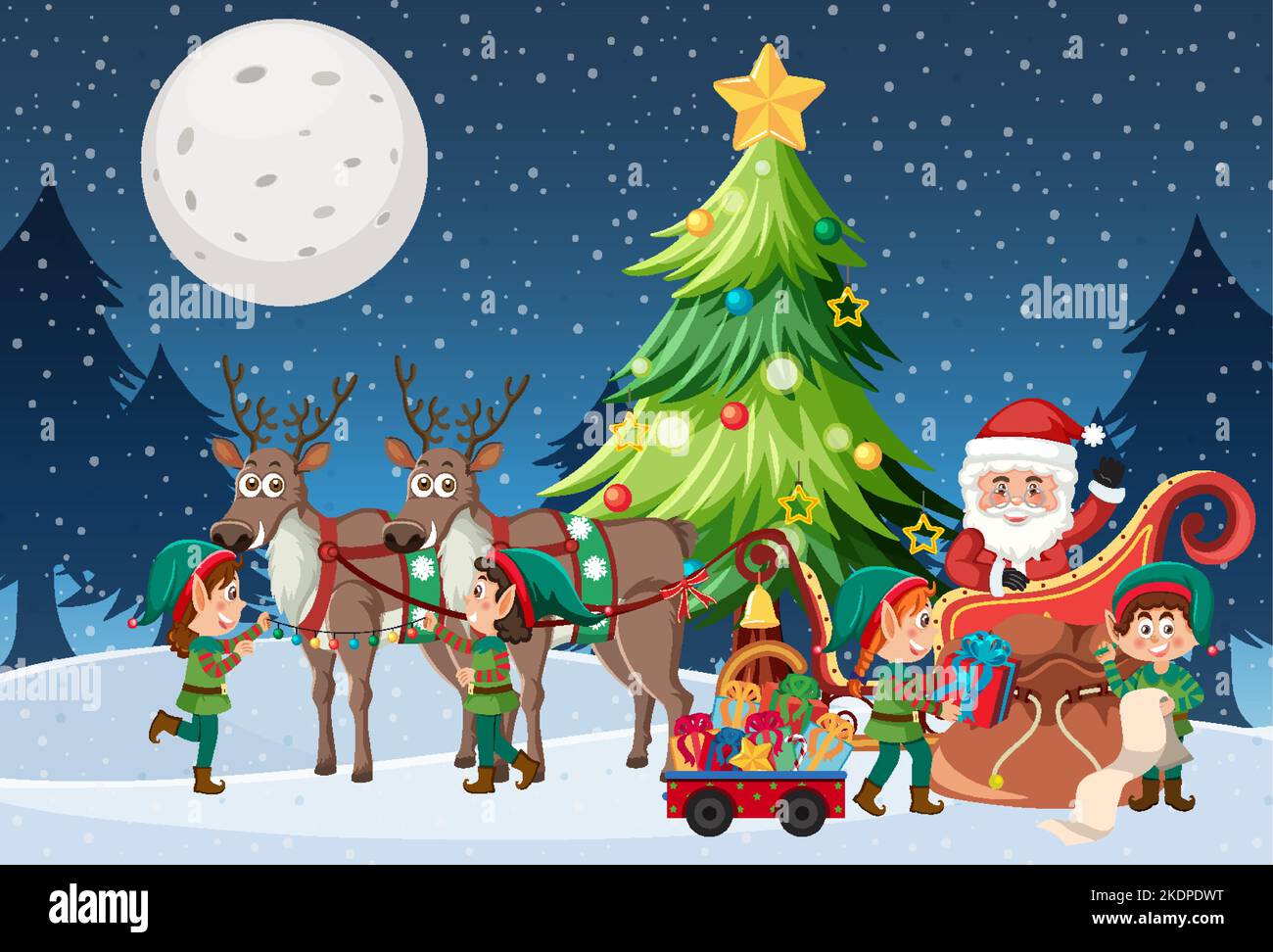 Santa Claus and elfs delivery gift for Christmas illustration Stock ...