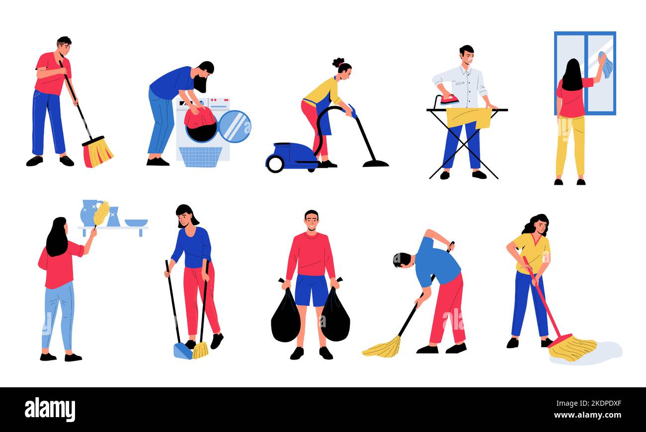People cleaning up. Cartoon abstract characters doing housework ironing ...