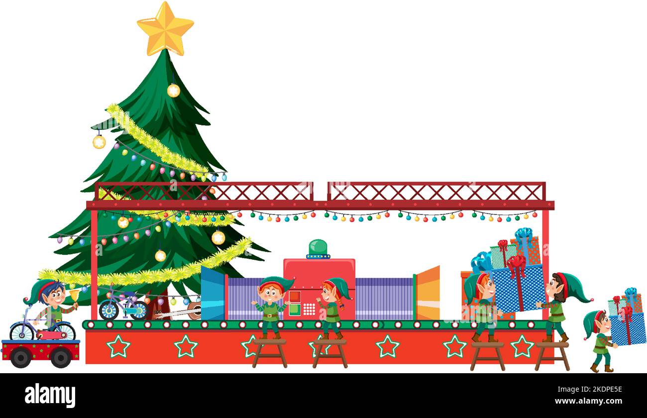 Elf and Santa Claus preparing gift for Christmas illustration Stock ...