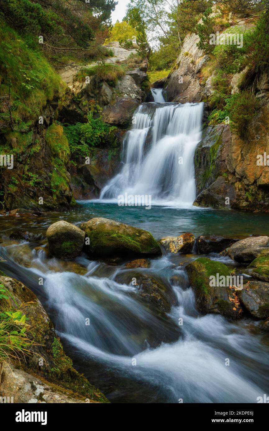 Nice mountain creek waterfalls in a Spanish Pyrenees mountain, near ...