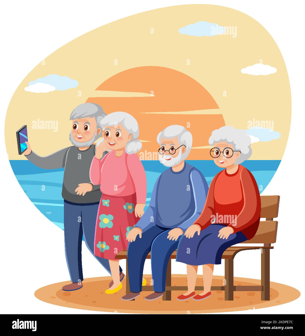 Group of senior travelers with sunset background illustration Stock ...