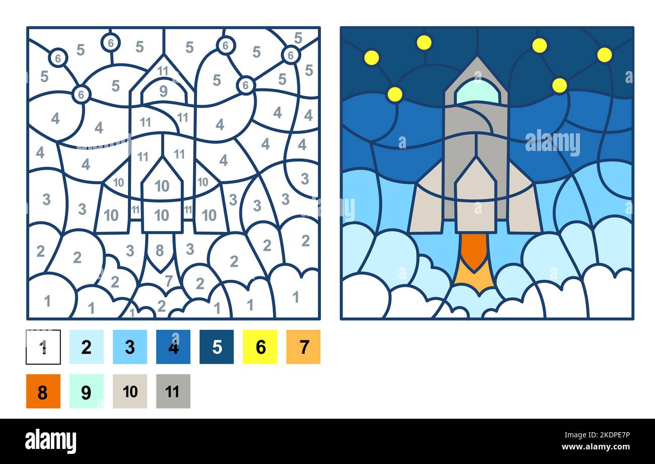 Vector coloring book page, Puzzle game, Color by number rocket, shuttle ...