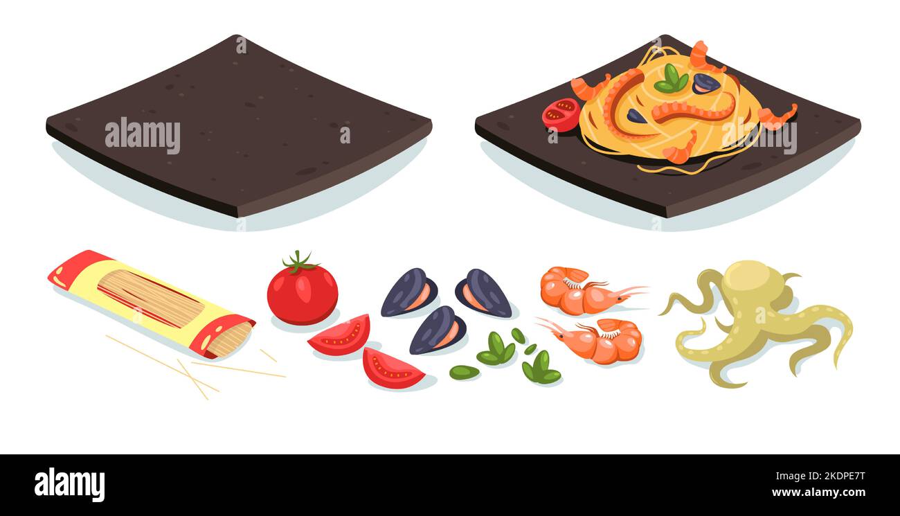 Fish dish ingredients. Cartoon grilled roasted raw prepared seafood ...