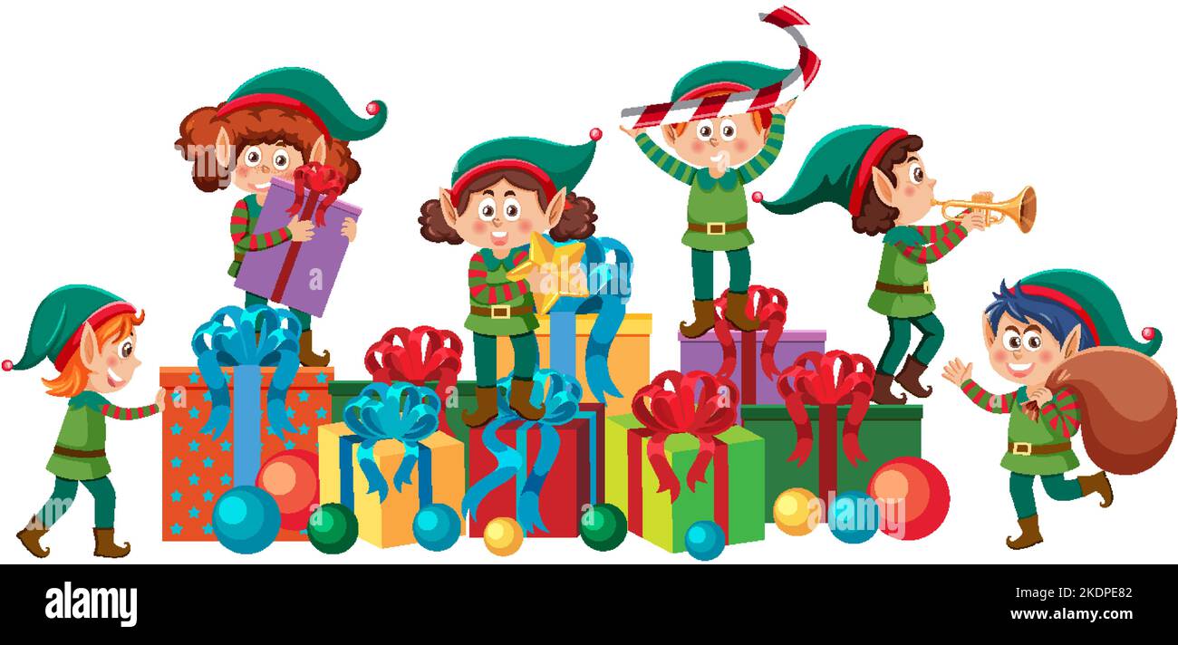 Elves cartoon character with Christmas present illustration Stock ...