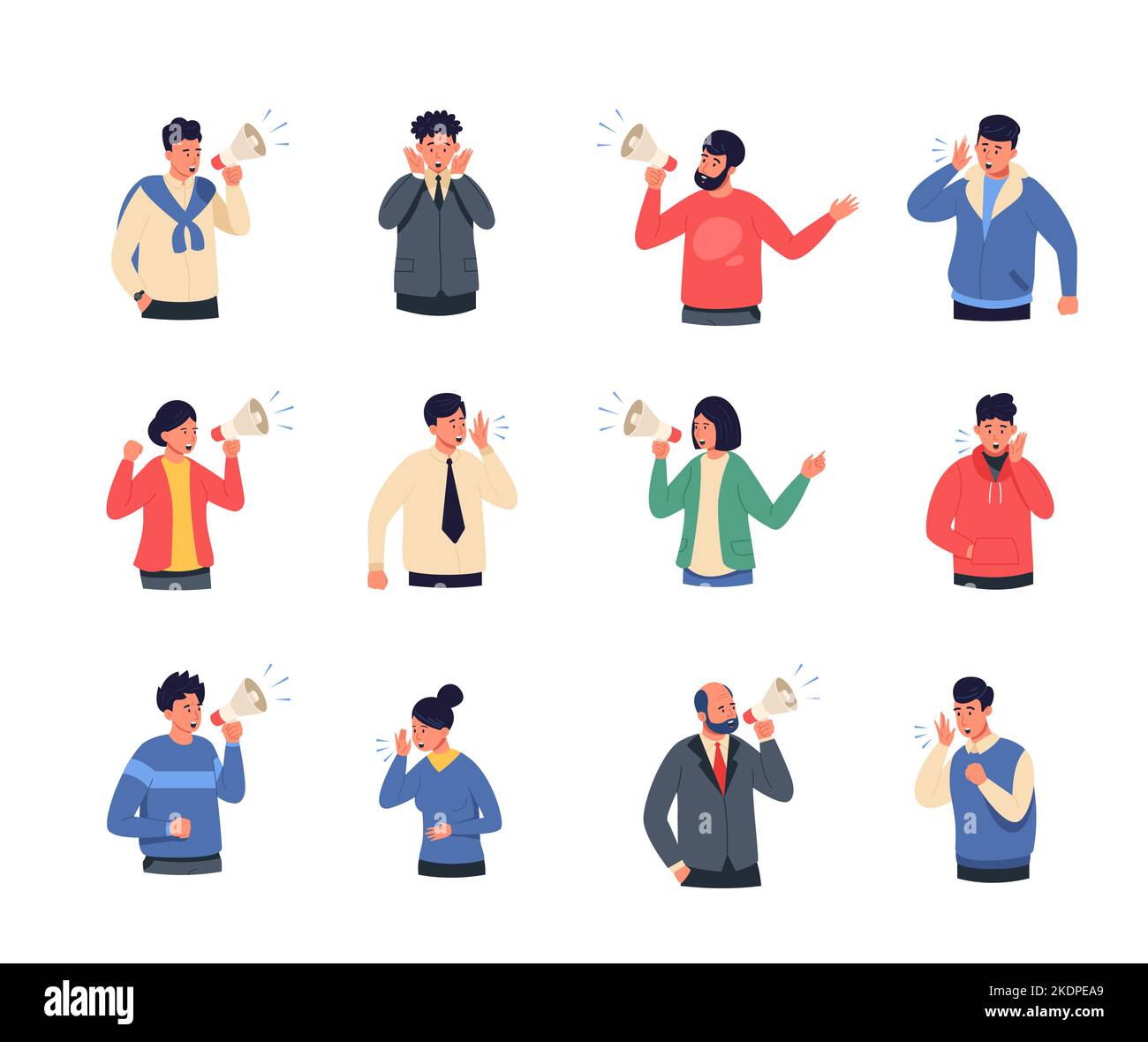 People screaming. Cartoon characters shouting holding loudspeaker ...