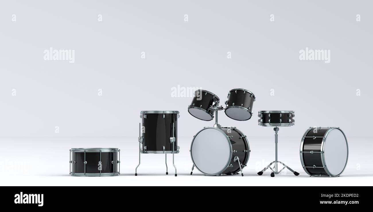 Set of drums with metal cymbals on white background. 3d render of ...