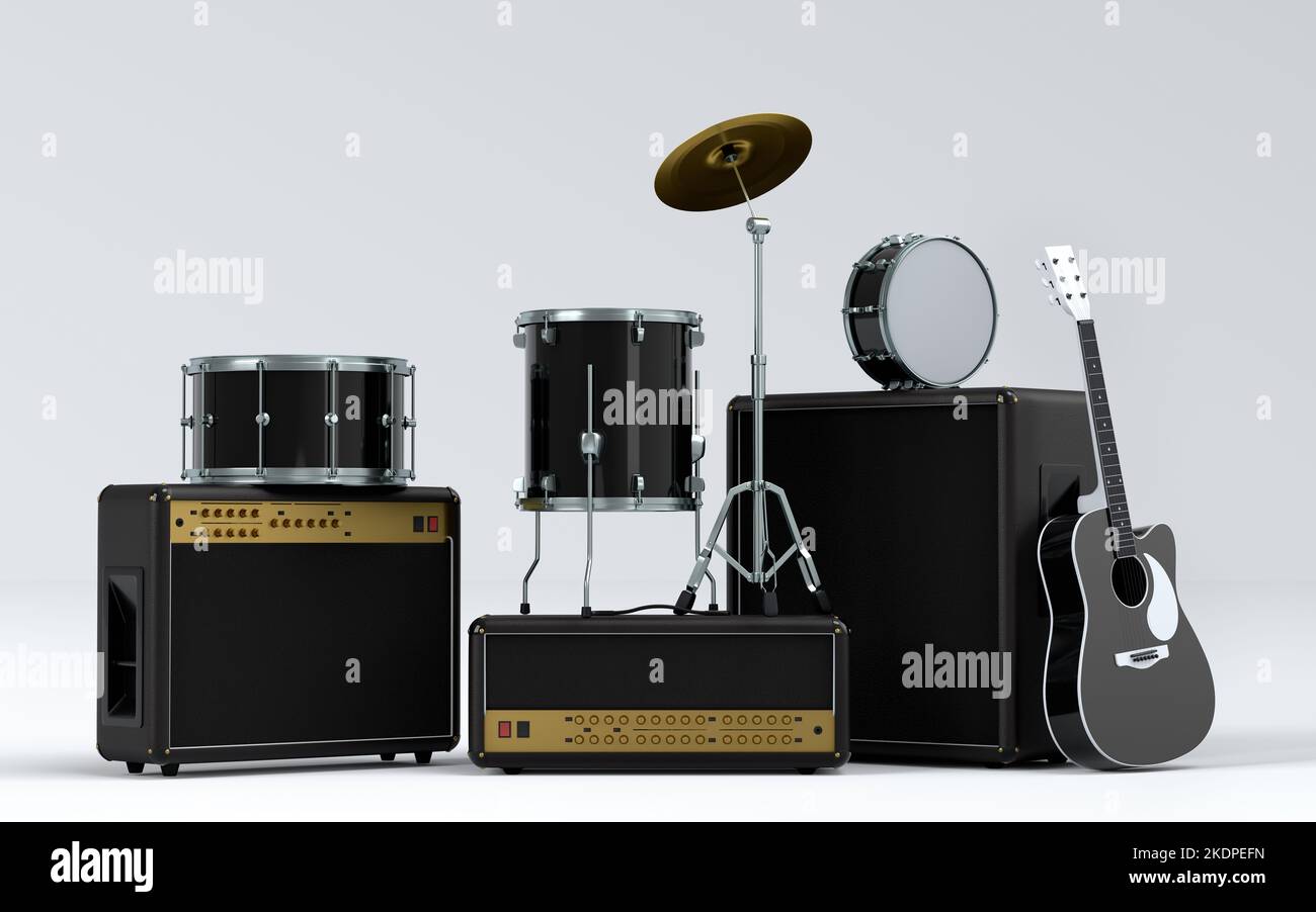 Set of electric acoustic guitars, amplifiers and drums with metal ...