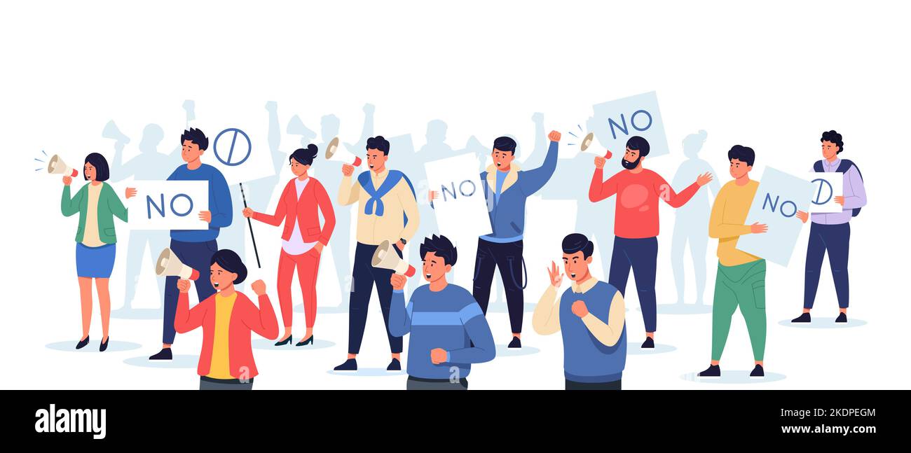 People on protest. Crowd of activists with placards on strike peaceful ...