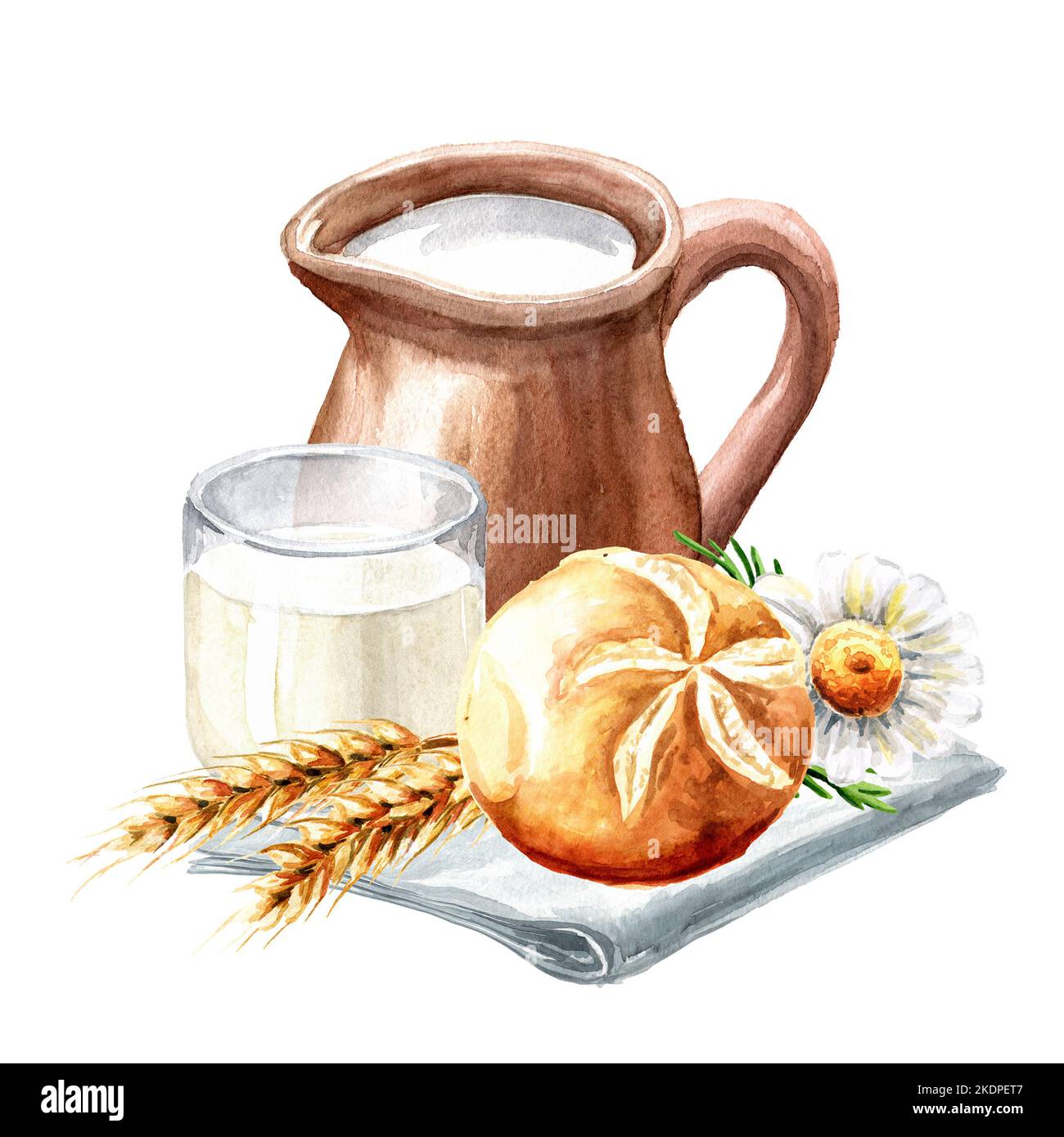 Cream milk and bread. Concept of organic natural food. Hand drawn ...