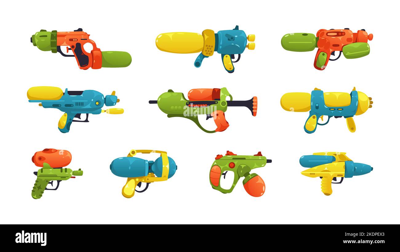 Cartoon water gun. Kids toy weapons, comic plastic childish handgun ...