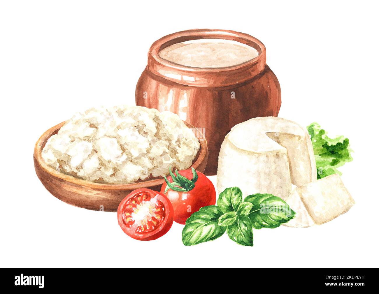 Rustic natural Dairy products. Cream milk, cottage cheese, ricotta ...