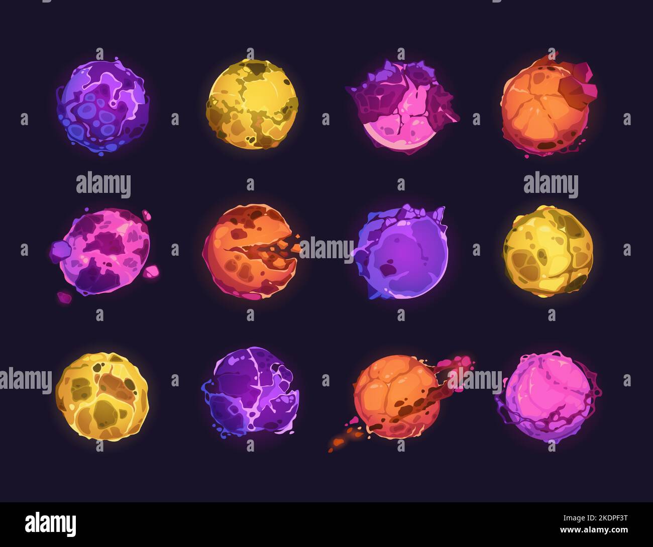 Cartoon fantasy planets. Colorful alien round space objects with ...